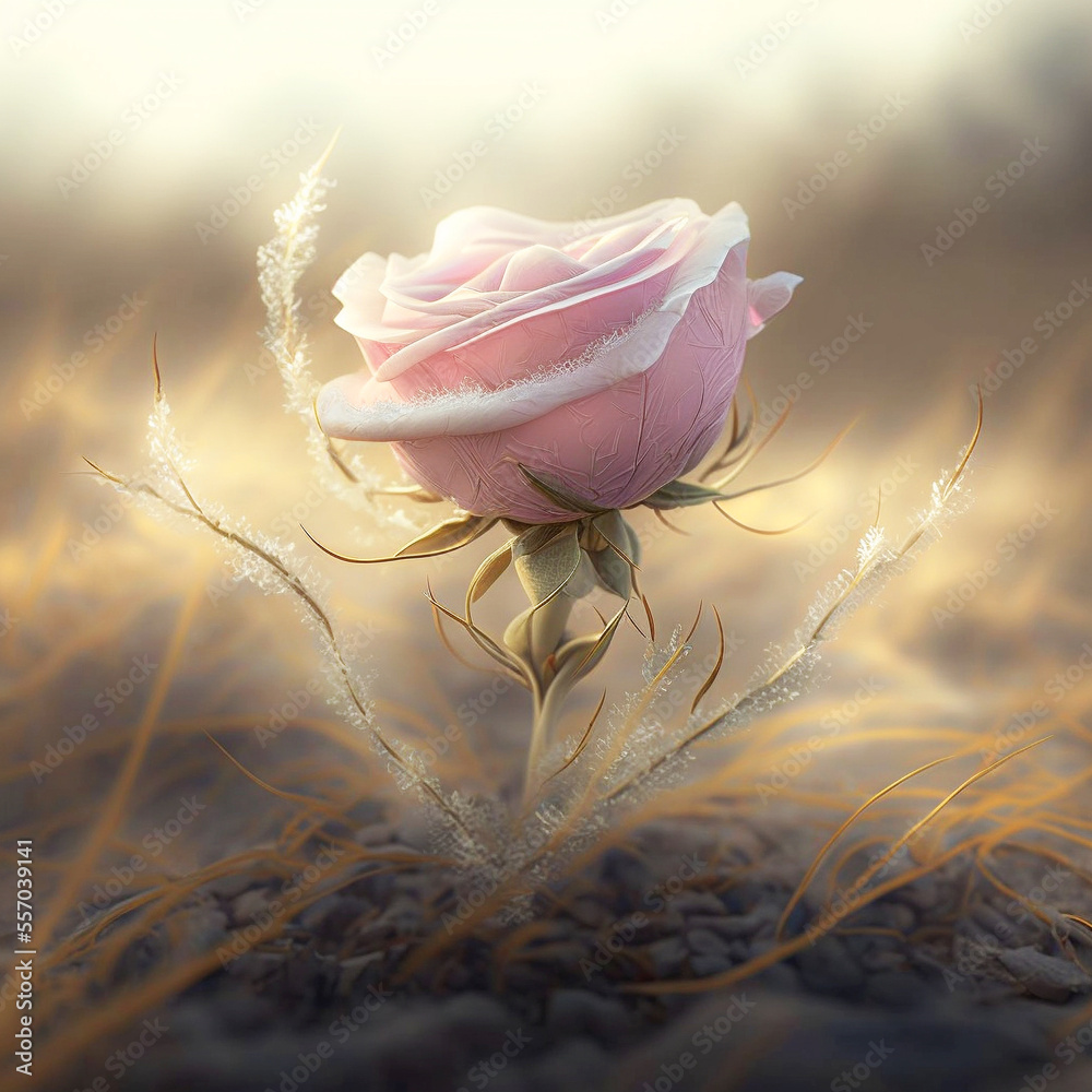 Frozen pink rose in a field, mood board. Abstraction, art created with ...