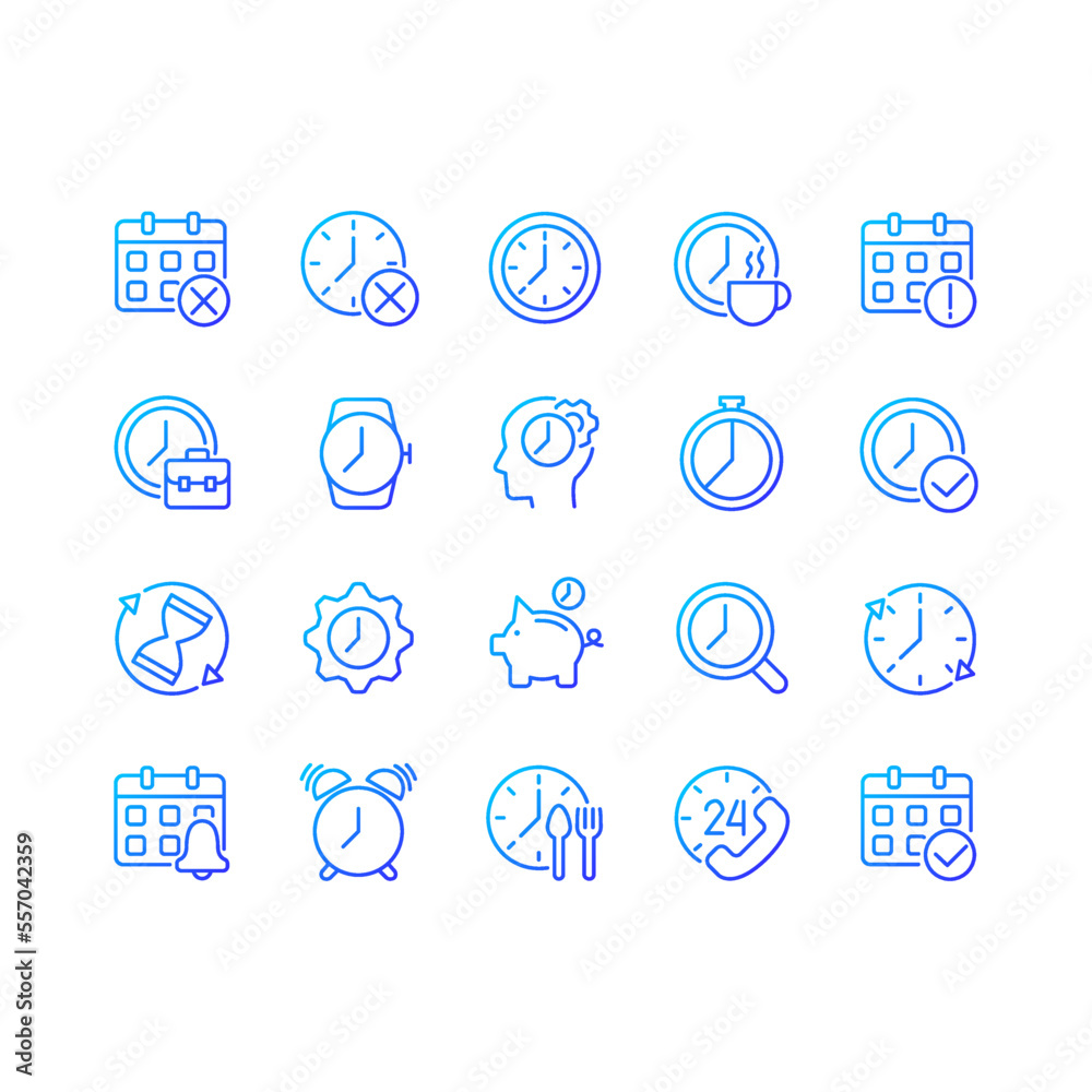 Time and clock pixel perfect gradient linear vector icons set. Daily schedule. Tracking ...
