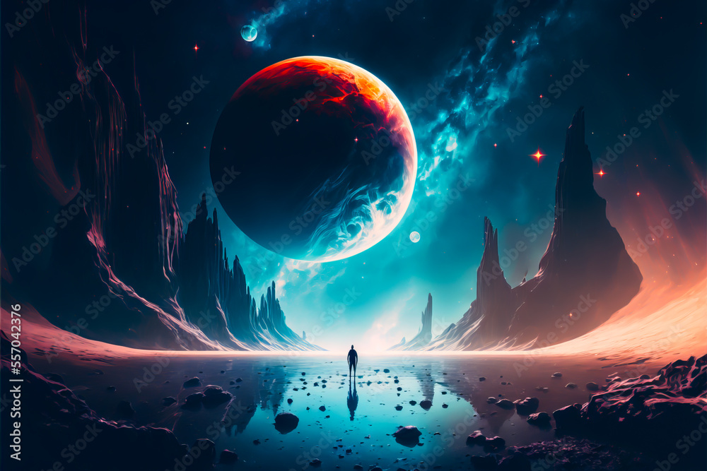 Huge planet in the night sky. Fantastic space scene view. Small man ...