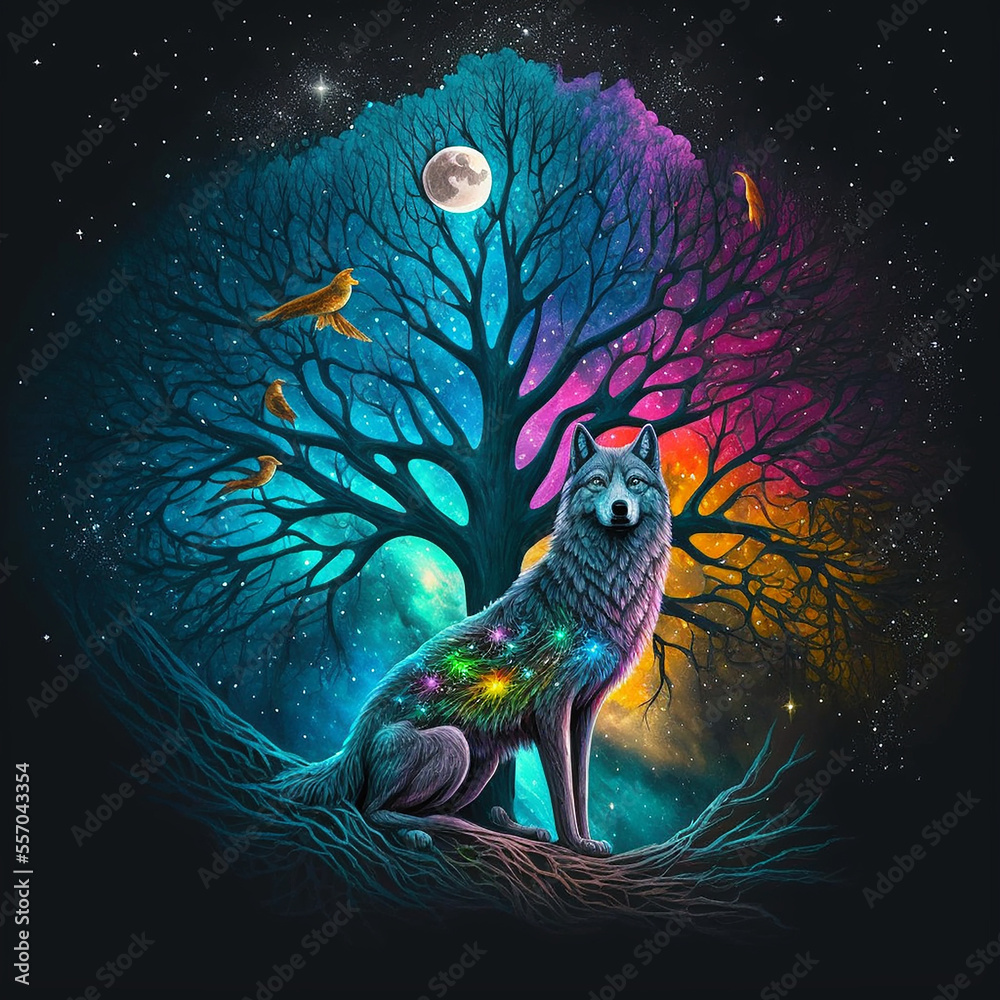 Turkish mythology wolf and eternity tree. A painting with elements of ...