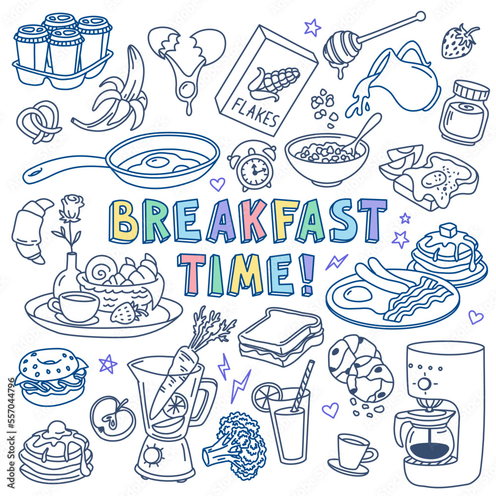 Breakfast food and drinks doodle set. Hand drawn vector illustration ...