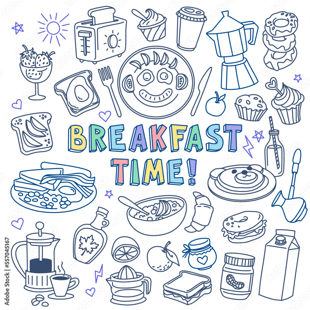 Breakfast food and drinks doodle set. Hand drawn vector illustration ...