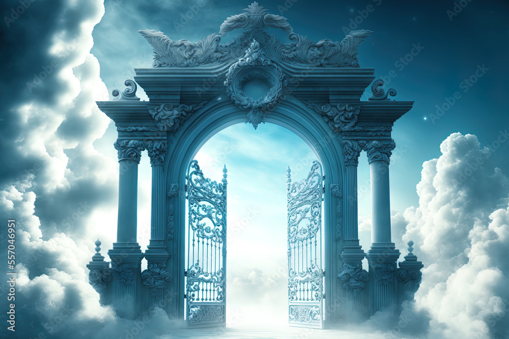 depiction of the heaven's gates with a background of blue sky and fog ...