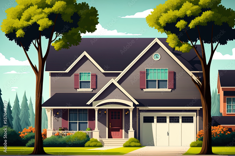 American suburban house's flat outside front view with a roof and some ...