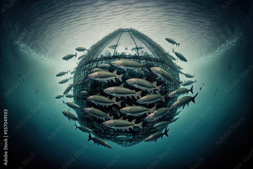 Large fish farming unit with sea bass and sea bream in growth cages ...