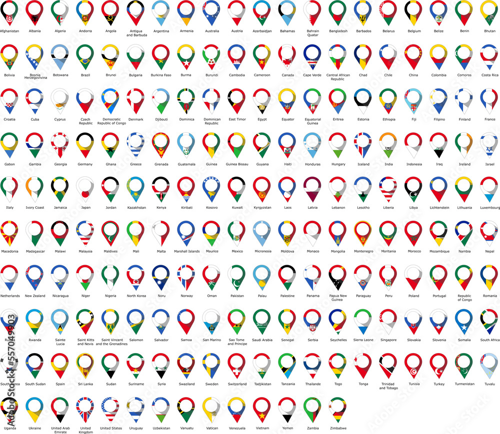 194 pins in the colours of the flags of each country in the world with ...