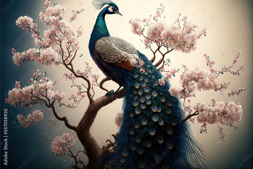 a peacock sitting on top of a tree branch Stock Illustration | Adobe Stock