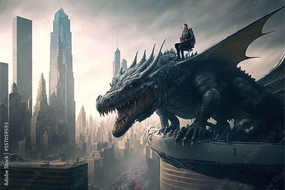 a man riding a dragon statue in a city with tall buildings in the ...