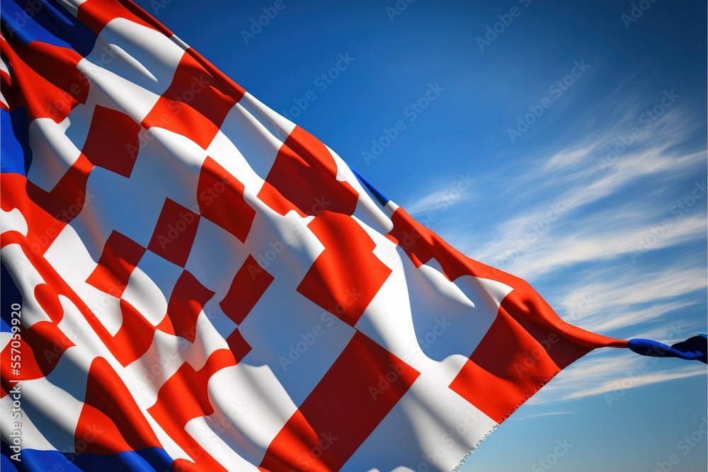 a red and white checkered flag flying in the sky with a blue sky ...