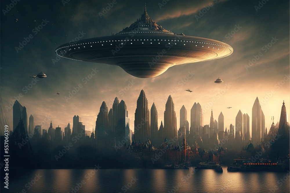 a futuristic city with a huge alien ship floating over it's head and a ...