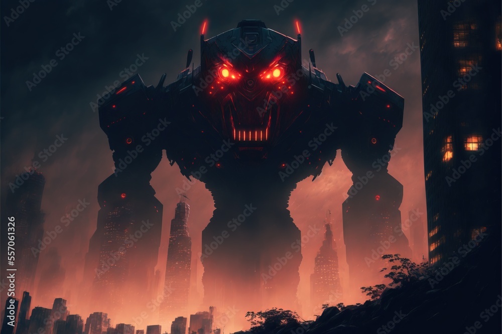 a giant robot with glowing eyes standing in a city at night with a red ...