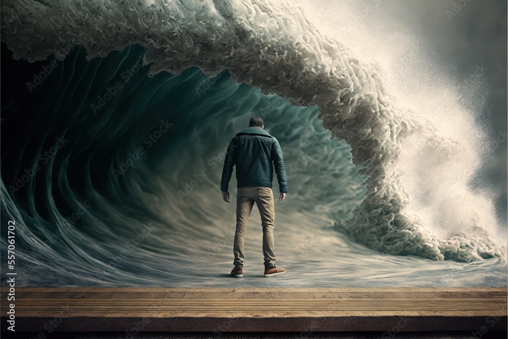a man standing in front of a giant wave in a room with a wooden floor ...