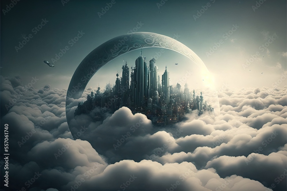 a futuristic city in the clouds with a crescent shaped window above it ...