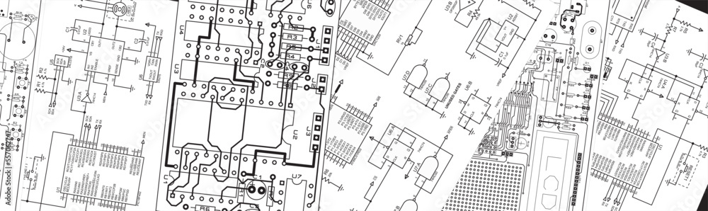 Schematic background. Drawings of an electronic device on white paper ...