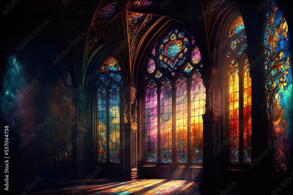 Sunlight streaming through towering stained glass windows constructed ...