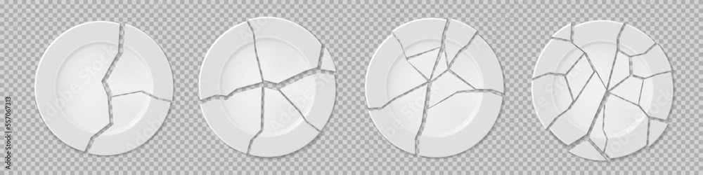 Ceramic broken plates with cracks. White vector round dishes with ...