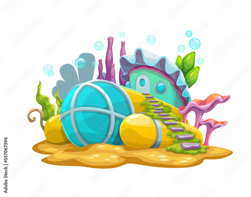 Underwater cartoon sunken bathyscaphe house building. Vector fantasy ...
