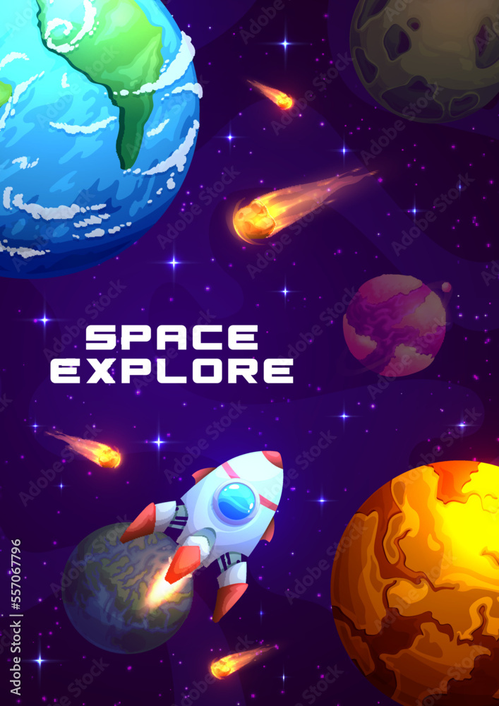 Cartoon galaxy space poster with starry landscape. Space exploration ...