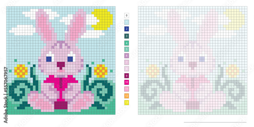 pixel illustration of a cute rabbit on the lawn under the sun ...