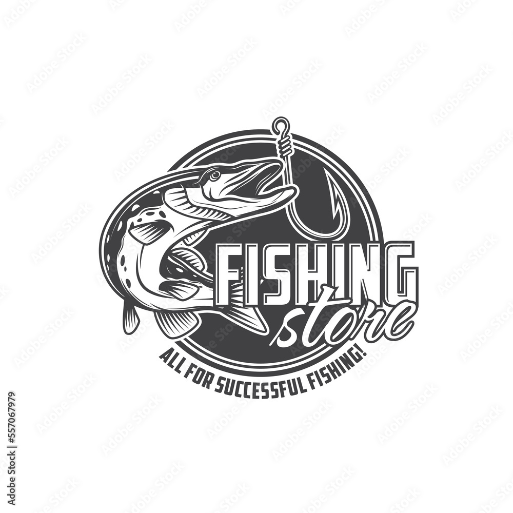 Fishing store icon with pike and hook, fisher tackles shop vector ...
