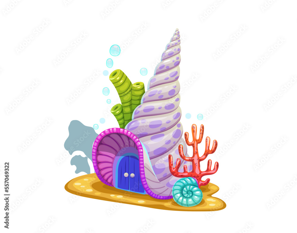 Underwater cartoon sea shell house building. Fairy home marine ...