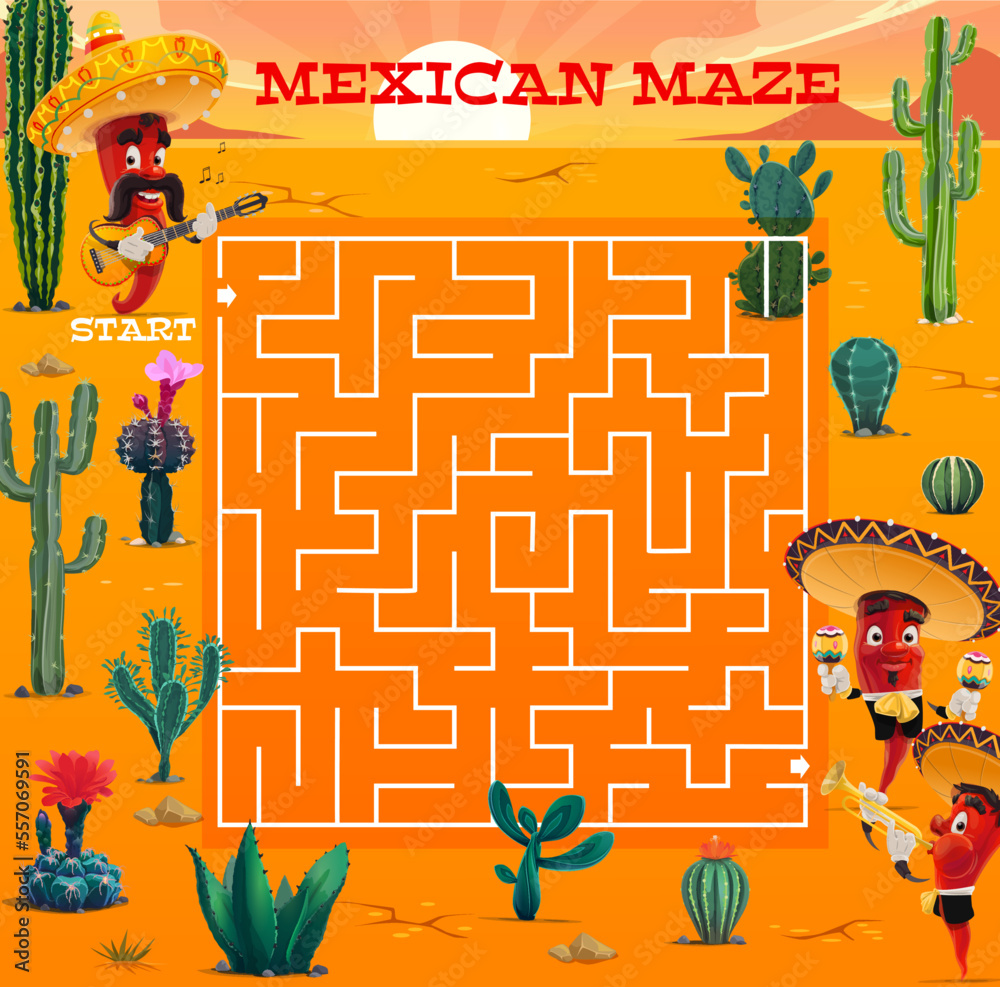 Labyrinth maze and mexican mariachi musician peppers in desert ...