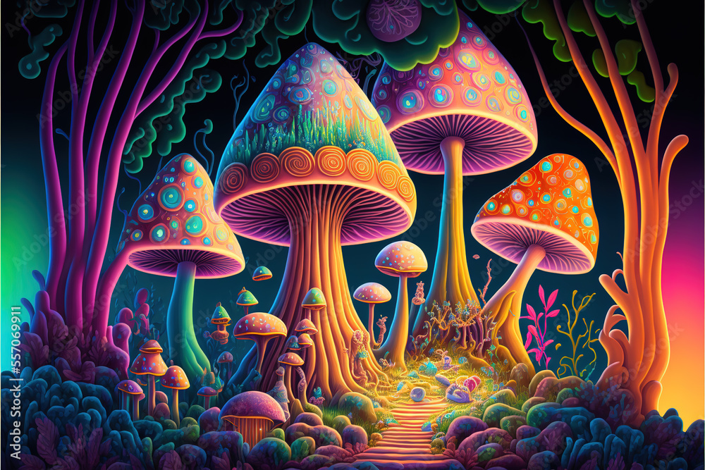 Psychedelic art of glowing, abstract magic mushrooms full of rich ...