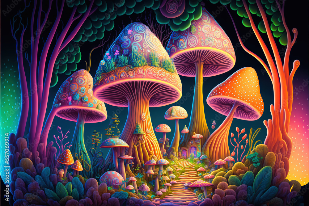 Psychedelic art of glowing, abstract magic mushrooms full of rich ...