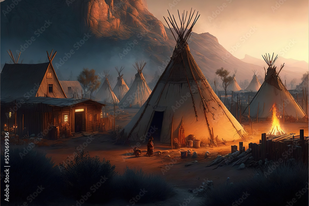 Native American village with traditional native Indian teepees ...