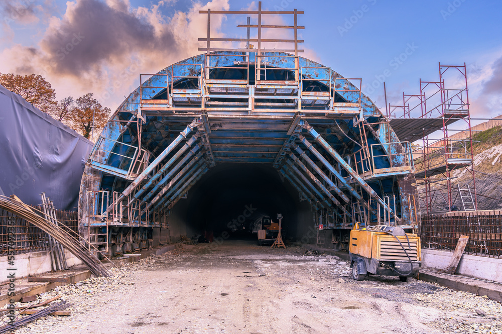 Tunnel construction ,mounting steel elements for pouring concrete Stock ...