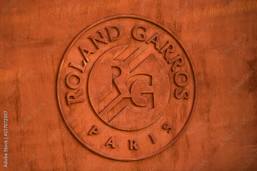 The official logo of Roland-Garros on a wall during the French Open ...