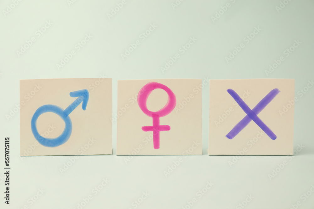 Gender identity concept. Cards with cross mark and gender symbols on ...
