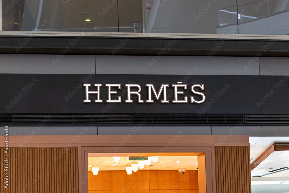 Los Angeles, California \ USA - July 26 2022: Sign and logo of Hermes ...