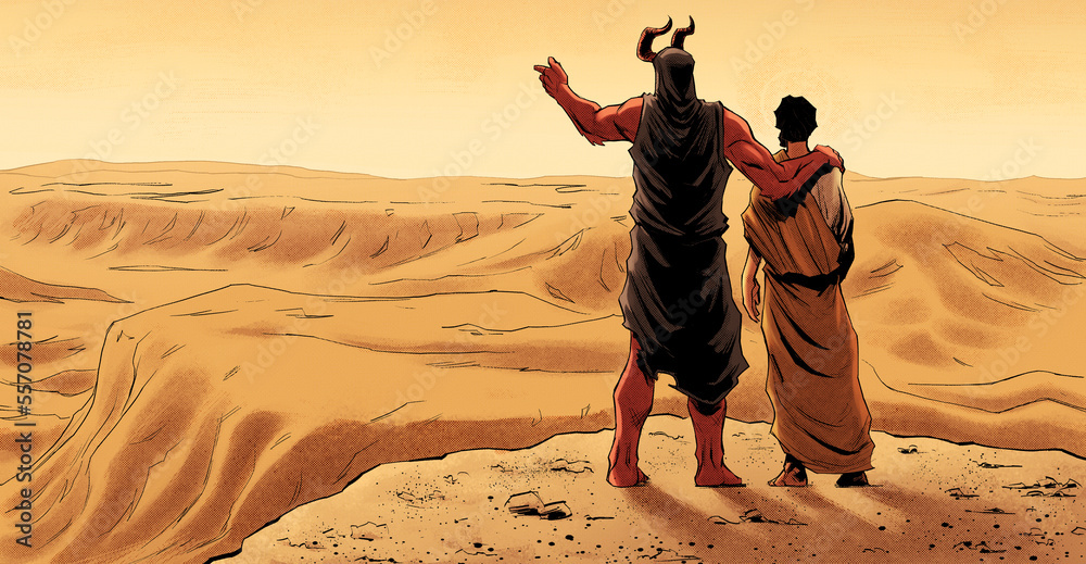 satanas meets jesus christ in the desert, devil offering the world to a ...