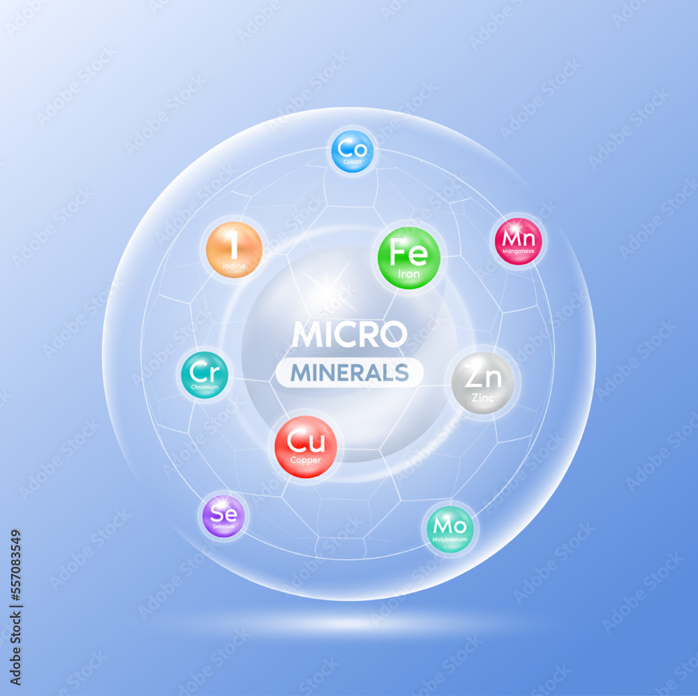 Vetor de Micro minerals. Capsules isolated on blue background ...