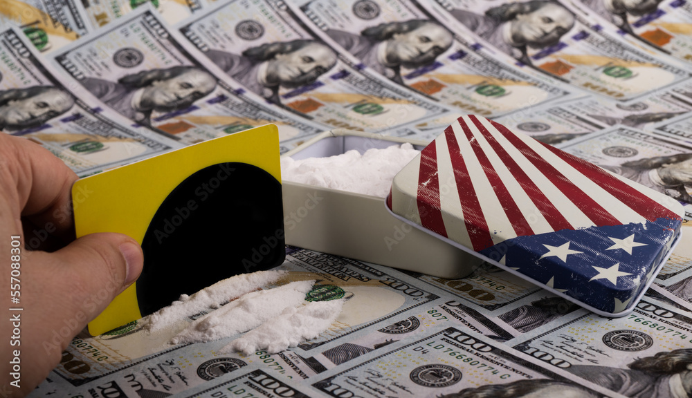 American flag box filled with white powder symbolizing drugs against ...