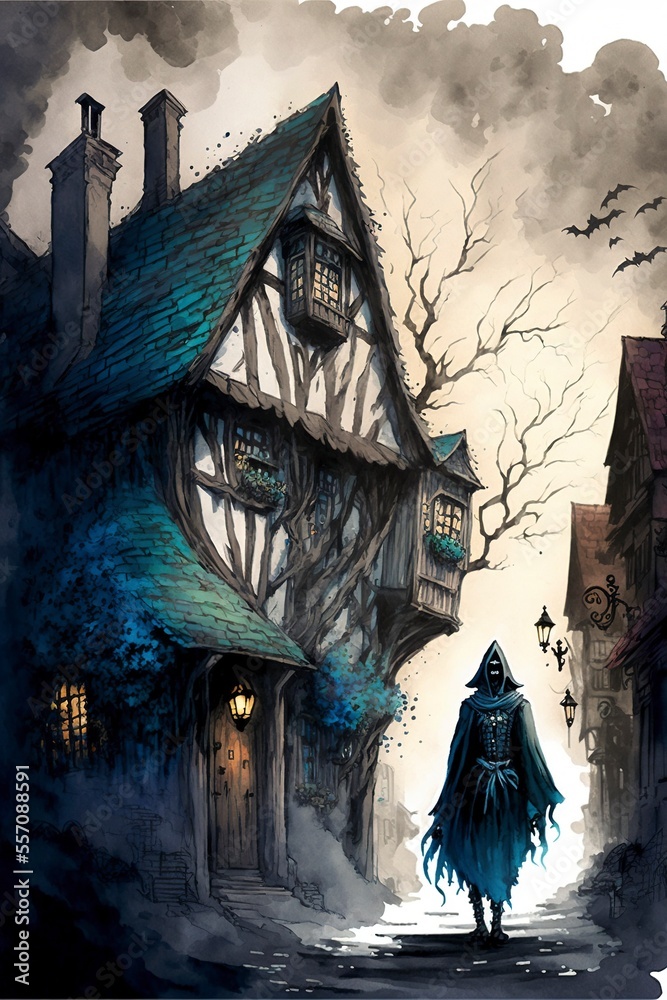 spooky medieval fantasy, line art, watercolor,town Stock Illustration ...