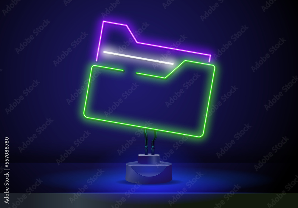 Folder with papers neon sign. Folder with documents glowing icon ...