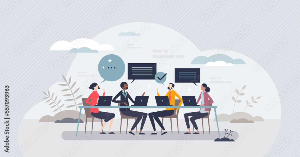 Project strategy team meeting or business future planning analysis tiny ...