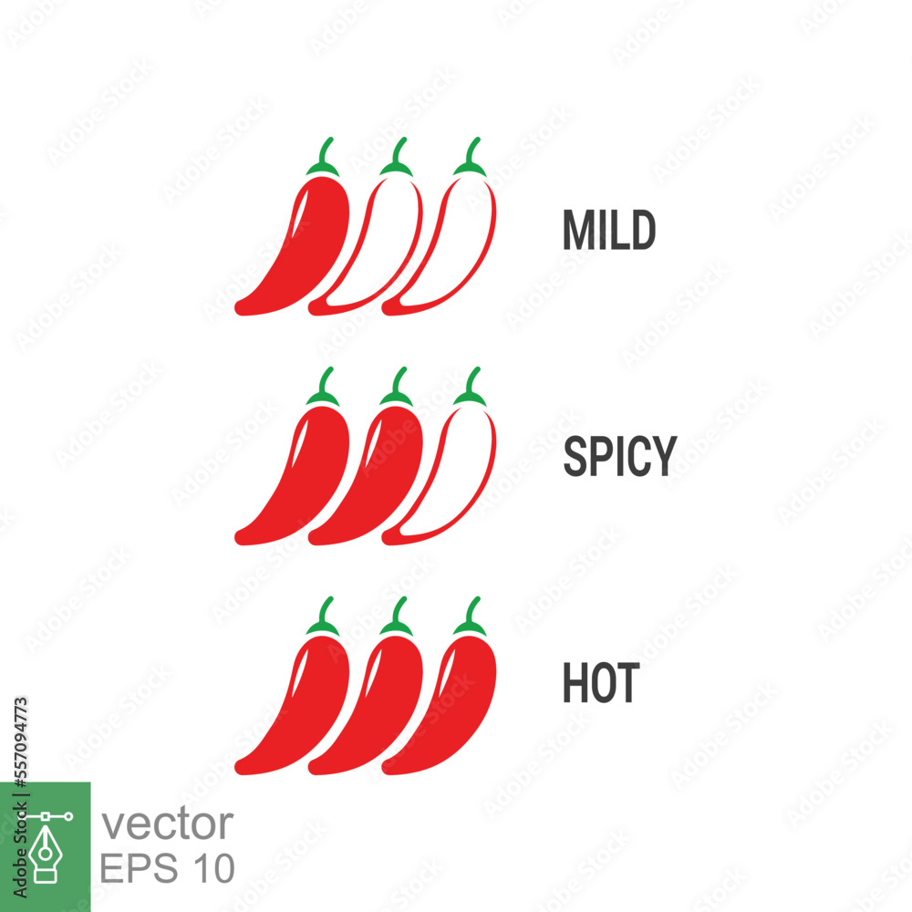 Spicy chili icon. Red spicy chili pepper level labels. Spicy food mild ...