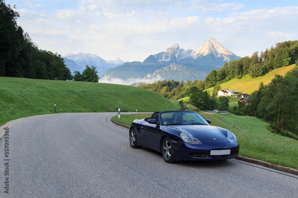 Berchtesgaden, Germany - July 25, 2021: Blue roadster Porsche Boxster ...