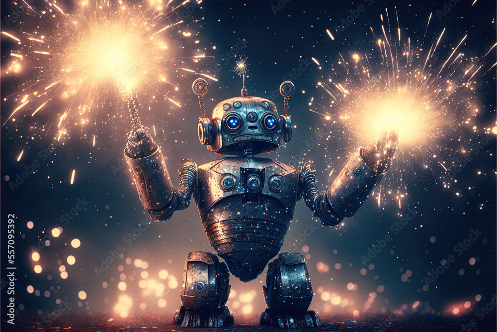 Robot Celebrating New Years Eve, generative ai 素材庫插圖 | Adobe Stock