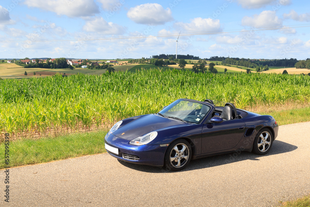 Schopfloch, Germany - July 31, 2021: Blue roadster Porsche Boxster 986 ...