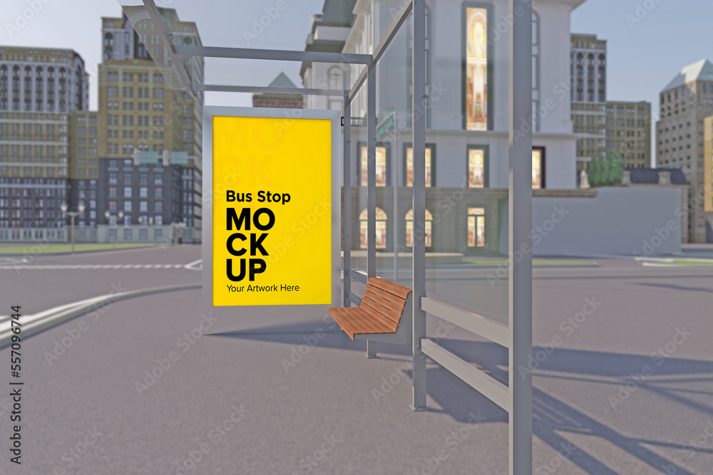 Bus Stop Billboard Bus Shelter Sinage Mockup 3d rendering Stock ...