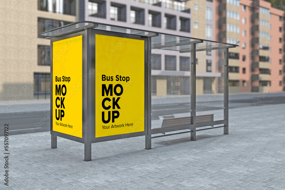 Bus Stop Billboard Bus Shelter Sinage Mockup 3d rendering Stock ...