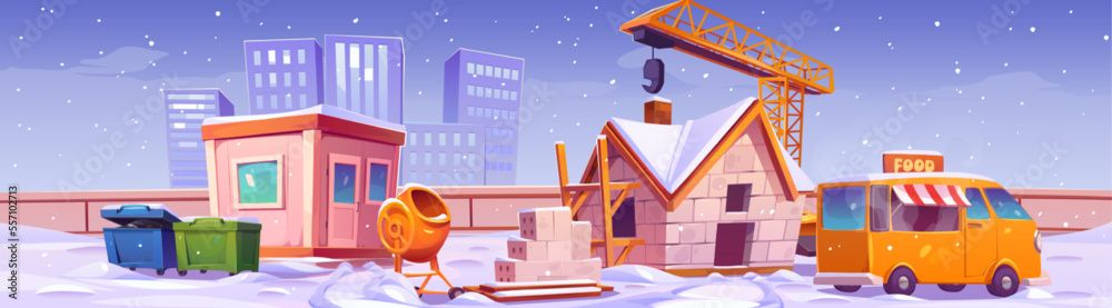 Winter landscape with construction site. Building site with house, snow ...