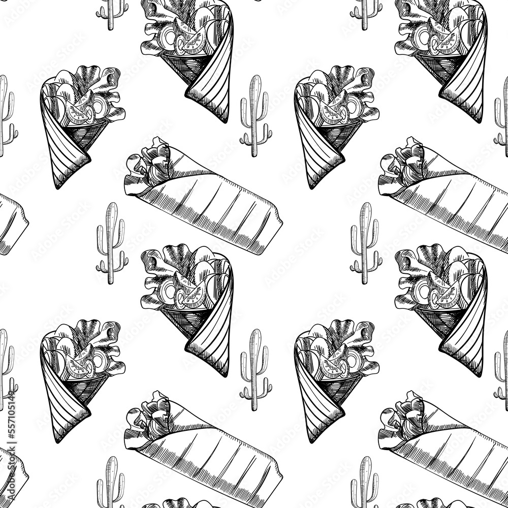 Burrito seamless pattern drawing. Traditional mexican food vector ...