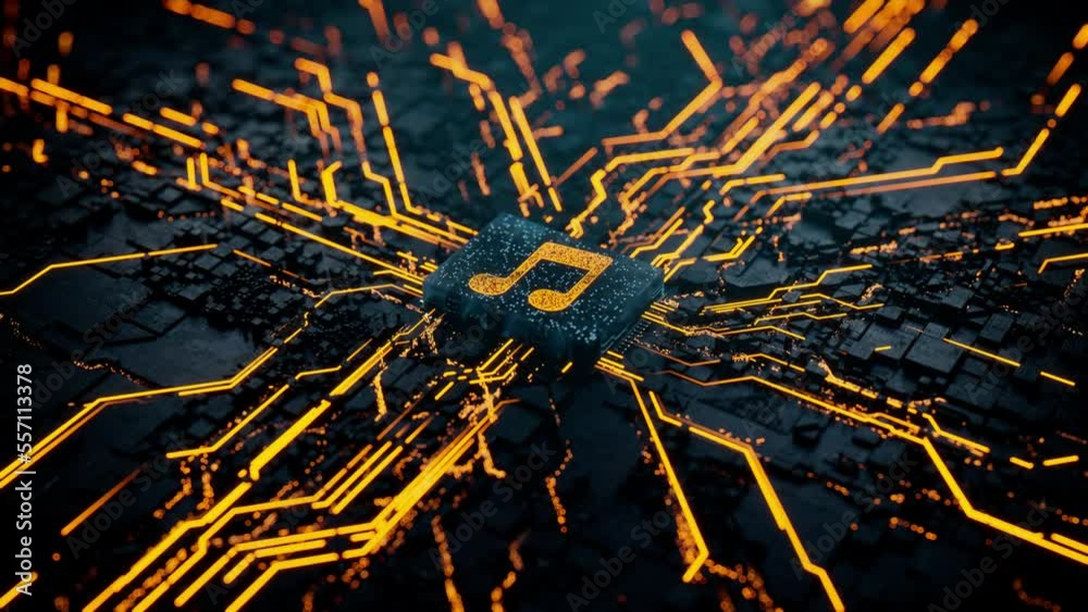 Audio Technology Concept with music symbol on a Microchip. Orange Neon ...