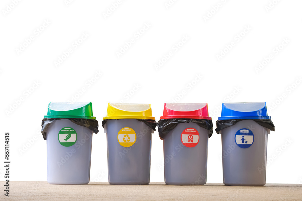 Multi Colored garbage bins on pavement with transparent background, png ...