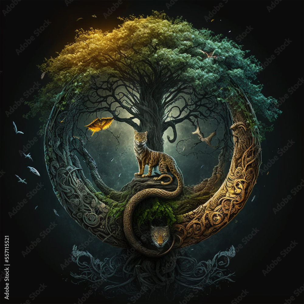 a large tree, a dragon and a tiger are sitting on the branches, an ...